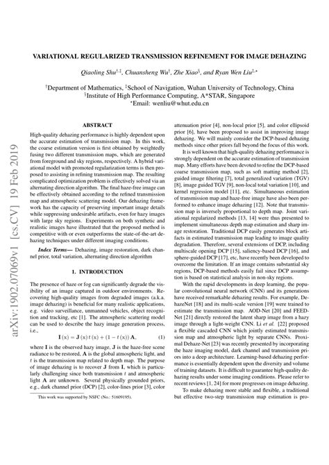Pdf Variational Regularized Transmission Refinement For Image Dehazing