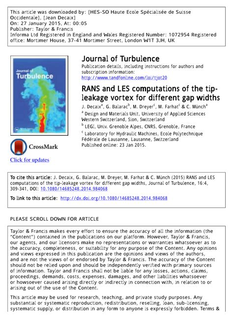 Pdf Rans And Les Computations Of The Tip Leakage Vortex For Different