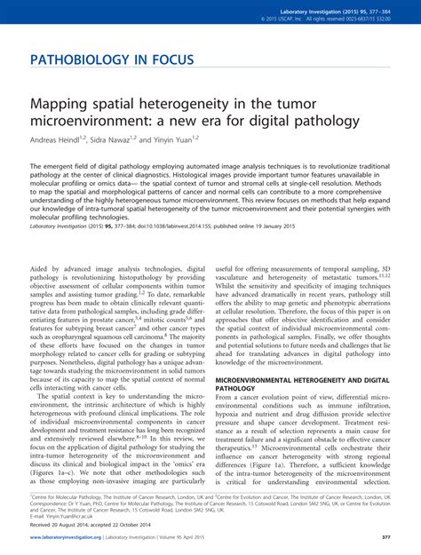 Pdf Mapping Spatial Heterogeneity In The Tumor Microenvironment A New Era For Digital Pathology