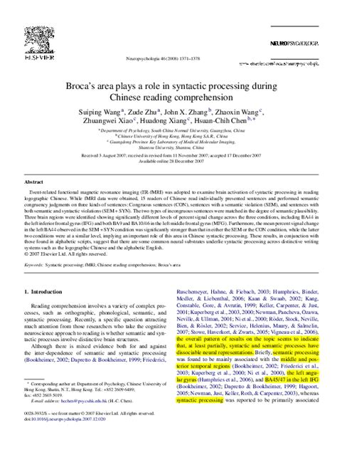 Pdf Brocas Areas Role In Syntactic Processing In Chinese Reading