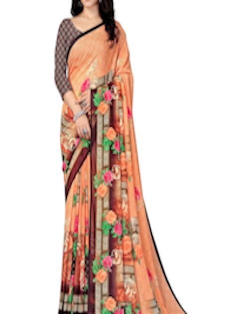Buy Kalini Peach Coloured And Green Floral Printed Saree Sarees For