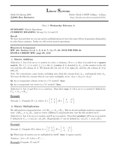 Linear Systems Matrix Operations Worksheet For Higher Ed Lesson Planet