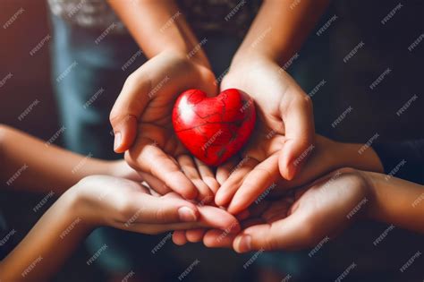 Две руки держат красное сердце посреди группы других рук генеративный ии Премиум Фото