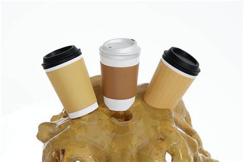 커피 액체 튀김 위에 떠 있는 빈 라벨이 있는 종이 커피 컵 모형 3d 렌더링 0명에 대한 스톡 사진 및 기타 이미지 0명 공중 공중 부양 Istock