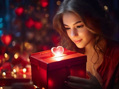 La Hermosa Chica Abre Una Caja Roja En Forma De Corazón Con El Regalo