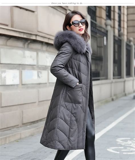 Зимняя женская куртка из натуральной кожи длинное пальто из овчины пуховик с капюшоном из