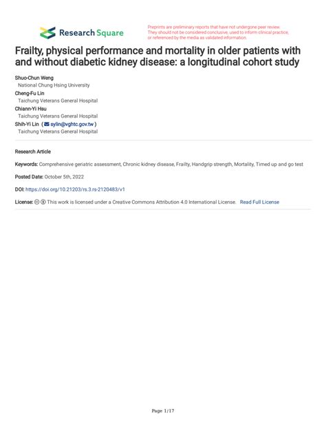 Pdf Frailty Physical Performance And Mortality In Older Patients With And Without Diabetic