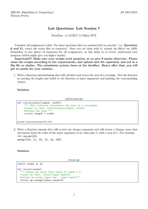 Algorithms And Computing Lab 7 Solution MH1401 Algorithms Computing I AY 2017 Thomas Peyrin