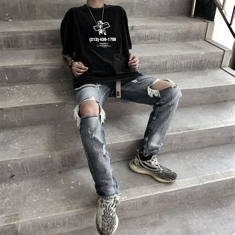 Idopy 남자 패션 찢어진 청바지 무릎 구멍 포켓 힙합 거리 빈티지 씻어 브랜드 디자이너 데님 조깅 남자청바지