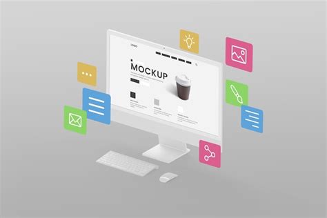 Premium Psd Display Mockup In Isometric Position With Web Page Modules Flying Around