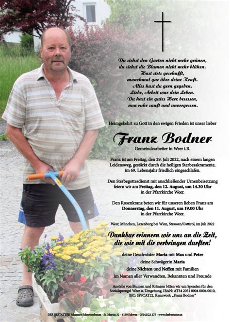 Todesanzeige Franz Bodner Trauer Link