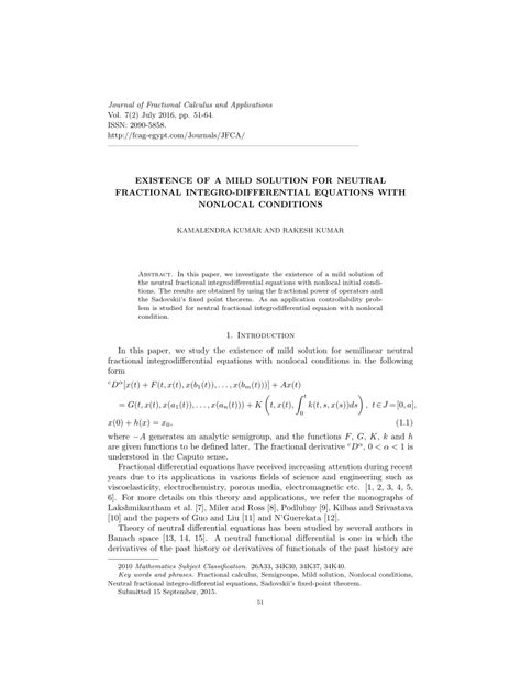Pdf Existence Of A Mild Solution For Neutral Fractional Integro Differential Equations With