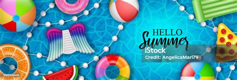 수영장 물 배경에 화려한 풍선 공 매트리스와 수영 반지 안녕하세요 여름 배너 0명에 대한 스톡 벡터 아트 및 기타 이미지 0명 래프트 물 Istock