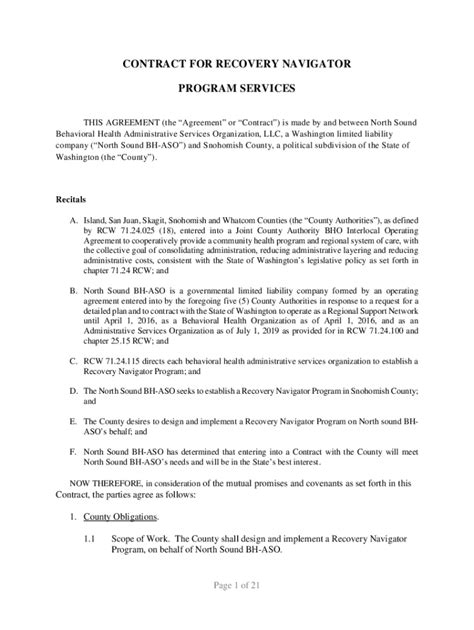 Fillable Online Contract For Recovery Navigator Program Services Fax