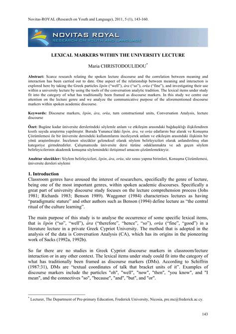Pdf Christodoulidou M 2011a Lexical Markers Within The University Lecture Novitas Royal