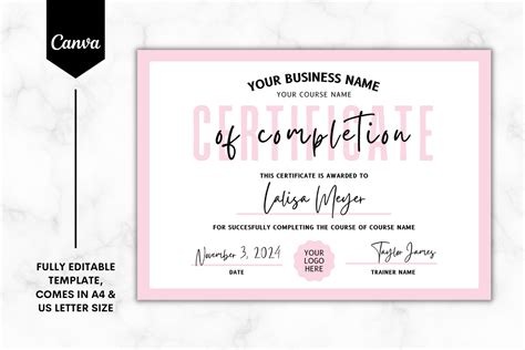 Custom Certificate Canva Template Pink Graphic By Sundiva Design · Creative Fabrica