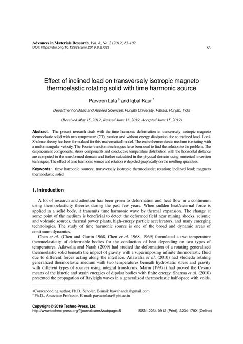 Pdf Effect Of Inclined Load On Transversely Isotropic Magneto Thermoelastic Rotating Solid