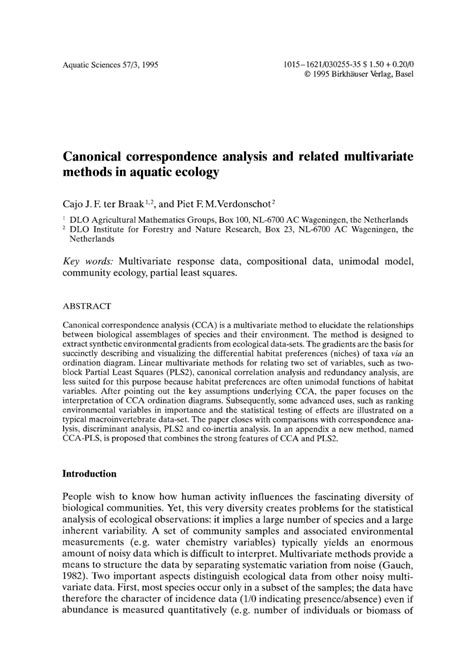 Pdf Canonical Correspondence Analysis And Relate Multivariate Methods In Aquatic Ecology