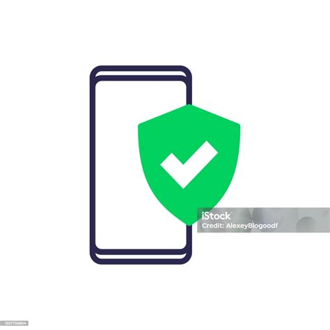 안전 확인 스마트폰은 체크 마크가 있는 쉴드로 보호됩니다 가는 선 아이콘입니다 현대 벡터 그림입니다 Brand Name