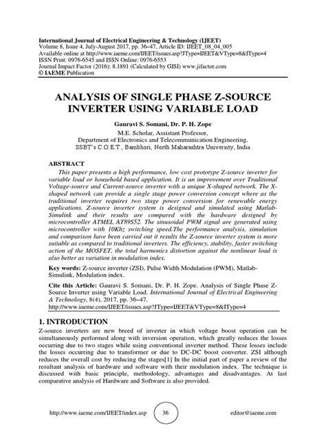 Analysis Of Single Phase Z Source Inverter Using Variable Load Pdf