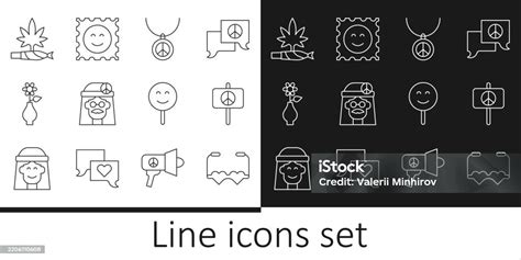 세트 라인 하트 모양의 사랑 안경 평화 평화의 상징이 있는 목걸이 히피 소녀 꽃병에 꽃 마리화나 관절 Spliff 미소 얼굴 및 Lsd 산 표시 아이콘 벡터 0명에 대한