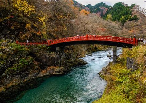 Red Shinkyo Bridge Over The River In Nikko Japan Stock Image Image