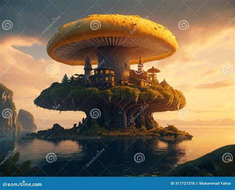 Un Hongo Gigante Crece En Una Isla Stock De Ilustración Ilustración