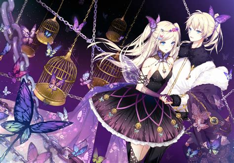 Aqua Eyes Blonde Hair Butterfly Cage Chain Dress Elbow Gloves Gloves