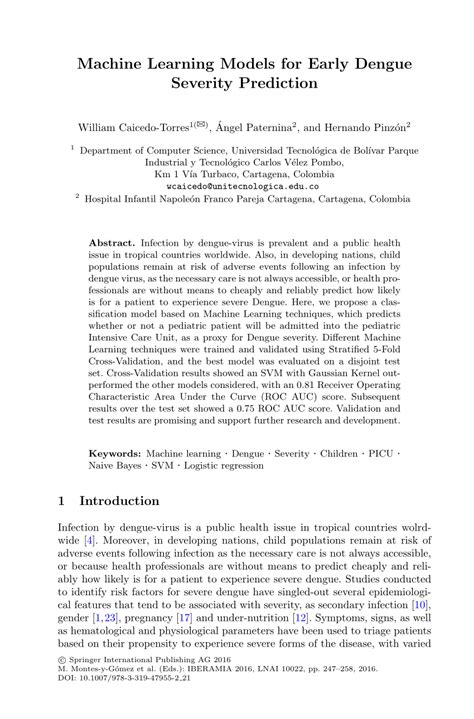Pdf Machine Learning Models For Early Dengue Severity Prediction