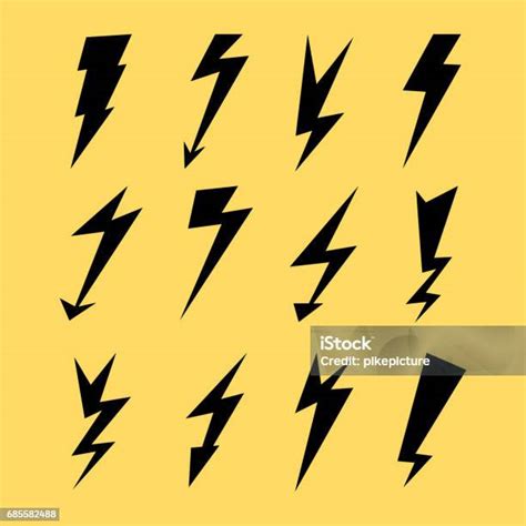閃電圖示集電力雷聲危險分類符號雷擊flash 上黃色孤立的黑色圖示暴風雨閃電剪影向量圖向量圖形及更多光圖片 光 剪裁圖 危險 Istock