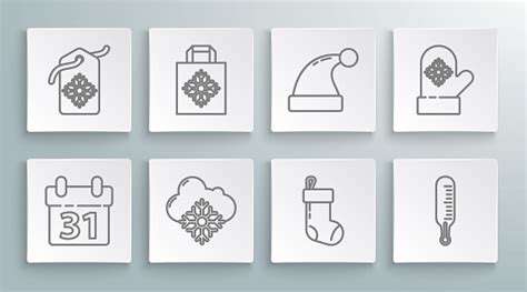 세트 라인 달력 크리스마스 종이 쇼핑백 눈과 구름 스타킹 기상학 온도계 측정 산타 클로스 모자 벙어리 장갑 및 가격표 비문 판매 아이콘 벡터 겨울에 대한 스톡 벡터 아트 및