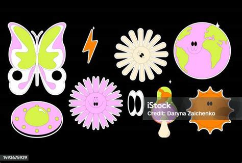 70년대 레트로 히피 스티커 사이키델릭한 그루비 요소 만화 펑키 버섯 꽃 나비 비행 접시 1970 1979 년에 대한 스톡 벡터 아트 및 기타 이미지 Istock