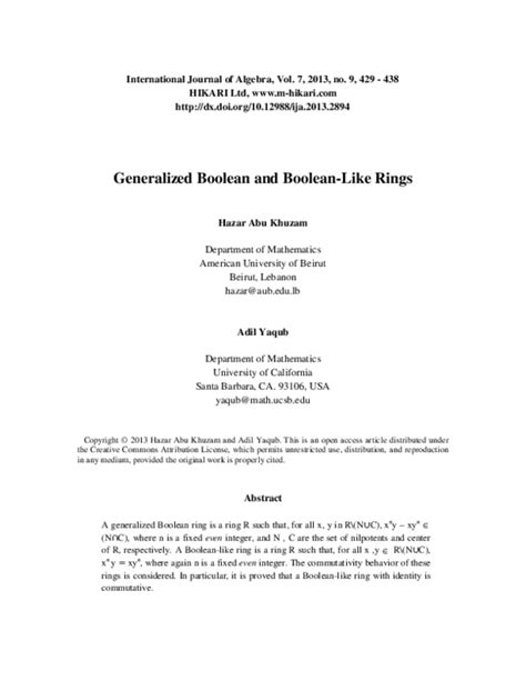 Pdf Generalized Boolean And Boolean Like Rings