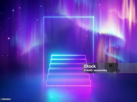 3d 추상 네온 배경 꿈은 은유 직사각형 포털 및 단계 뒤에 오로라 Borealis 자외선 스펙트럼 빛나는 핑크 블루 라이트 밤 별이 빛나는 하늘 우주 공간 가상현실에 대한
