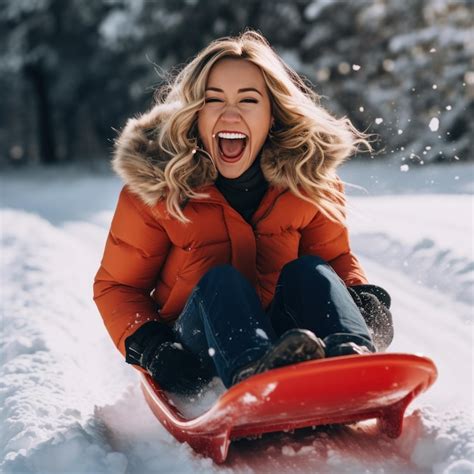 Premium Ai Image A Woman Smiling As She Sleds Down A Hill On A Bright