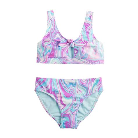 Girls 7 16 Breaking Waves Keyhole Bow Bralette Swim Top And Scoop Bottoms