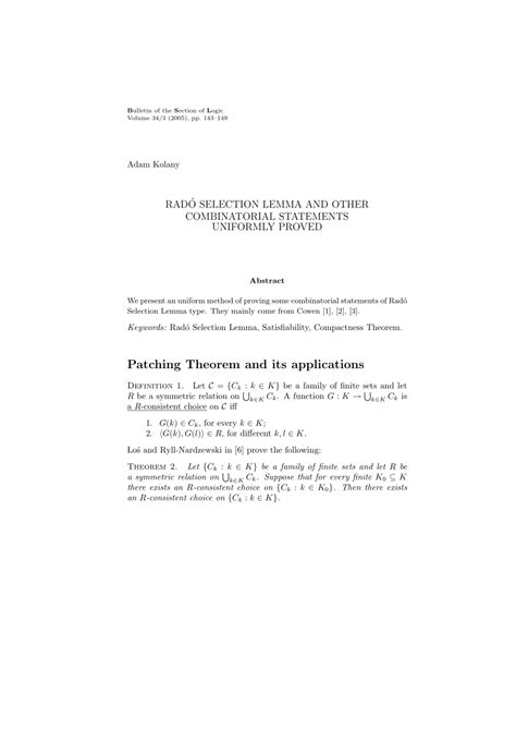 Pdf Rado Selection Lemma And Other Combinatorial Statements Uniformly Proved