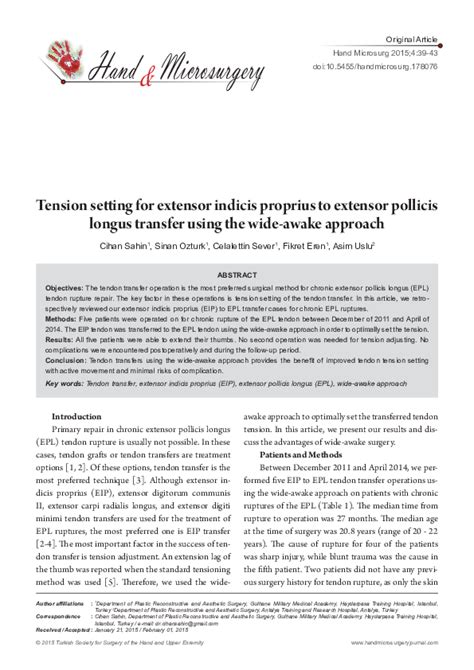 Pdf Tension Setting For Extensor Indicis Proprius To Extensor Pollicis Longus Transfer Using