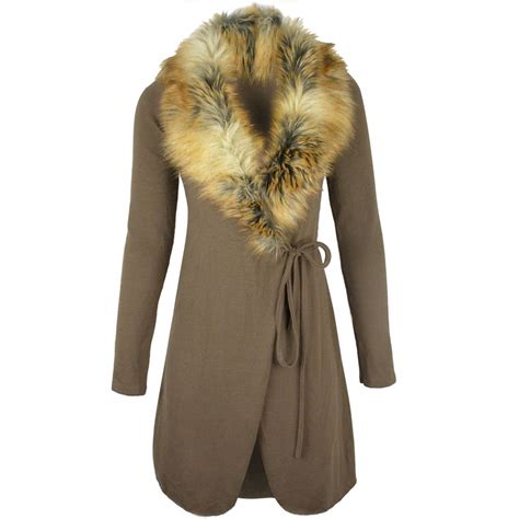 Womens Ladies Fur Collar Cardigan Jacket Knitted Sweater Coat Wrap
