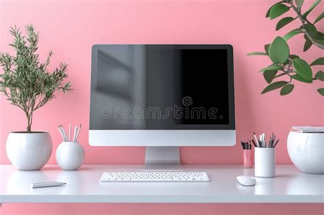 Modern Minimalist Workspace With A Computer Keyboard Mouse Plants And Pencils On A White