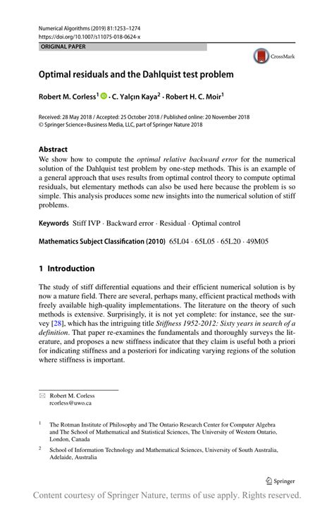 Optimal Residuals And The Dahlquist Test Problem Request Pdf