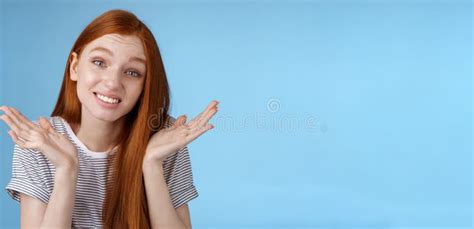 Awkward Apologizing Cute Redhead Girlfriend Say Sorry Shrugging Spread