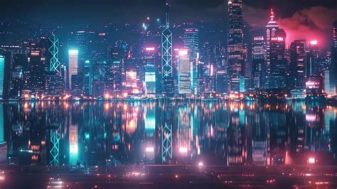Vibrant Hong Kong Skyline At Night With Illuminated Buildings And