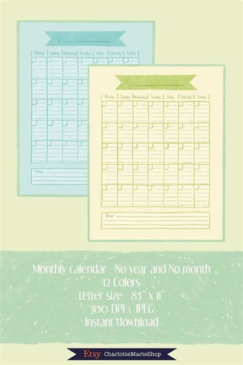 Monthly Calendars 12 Different Colors No Month And No Specific Year