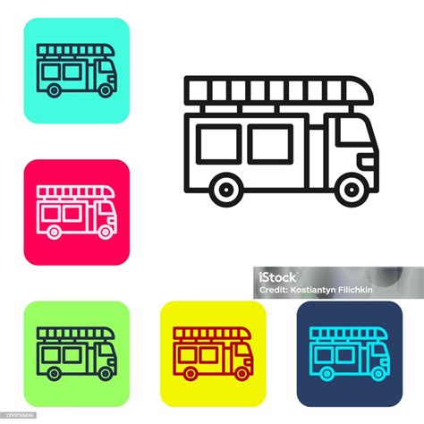 흰색 배경에 격리 된 검은 줄 소방 트럭 아이콘 소방차 소방관 비상 차량 색상 정사각형 단추로 아이콘을 설정합니다 벡터 검은색에 대한 스톡 벡터 아트 및 기타 이미지