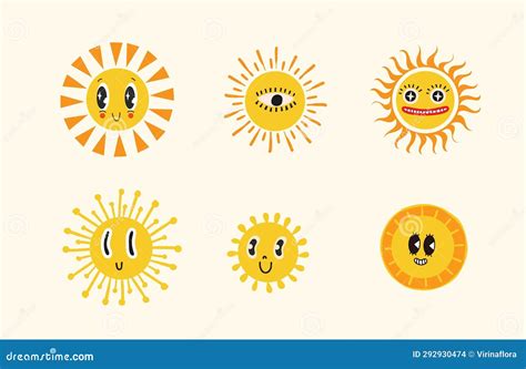 A Set Of Stickers The Sun Logo Smile Face Good Mood Brutalism