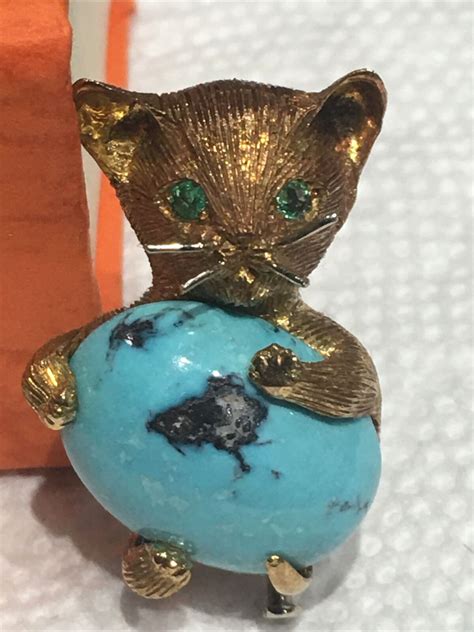 Vintage Cartier Cat Hugging A Large Turquoise Emeral Gem