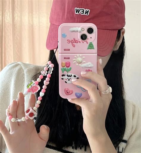 💛오늘출발💛 핑크 냉장고 귀여운 아이폰 스트랩 풀커버 젤리 케이스 핸드폰 휴대폰 하이틴 키치 낙서 핸드폰줄 유니크 폰케이스 생일 선물 아이폰 11 12 13 14 프로 맥스