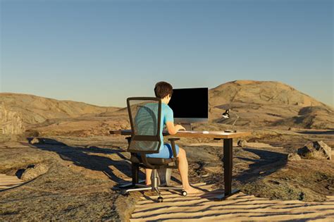 사막 환경에서 Pc 사무실 작업장에 앉아 있는 남자 작업량 스트레스 소진 개념 3d 일러스트레이션 0명에 대한 스톡 사진 및 기타 이미지 Istock