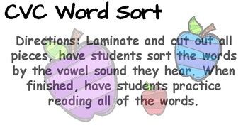 CVC Word Sort By Hillary Travis TPT